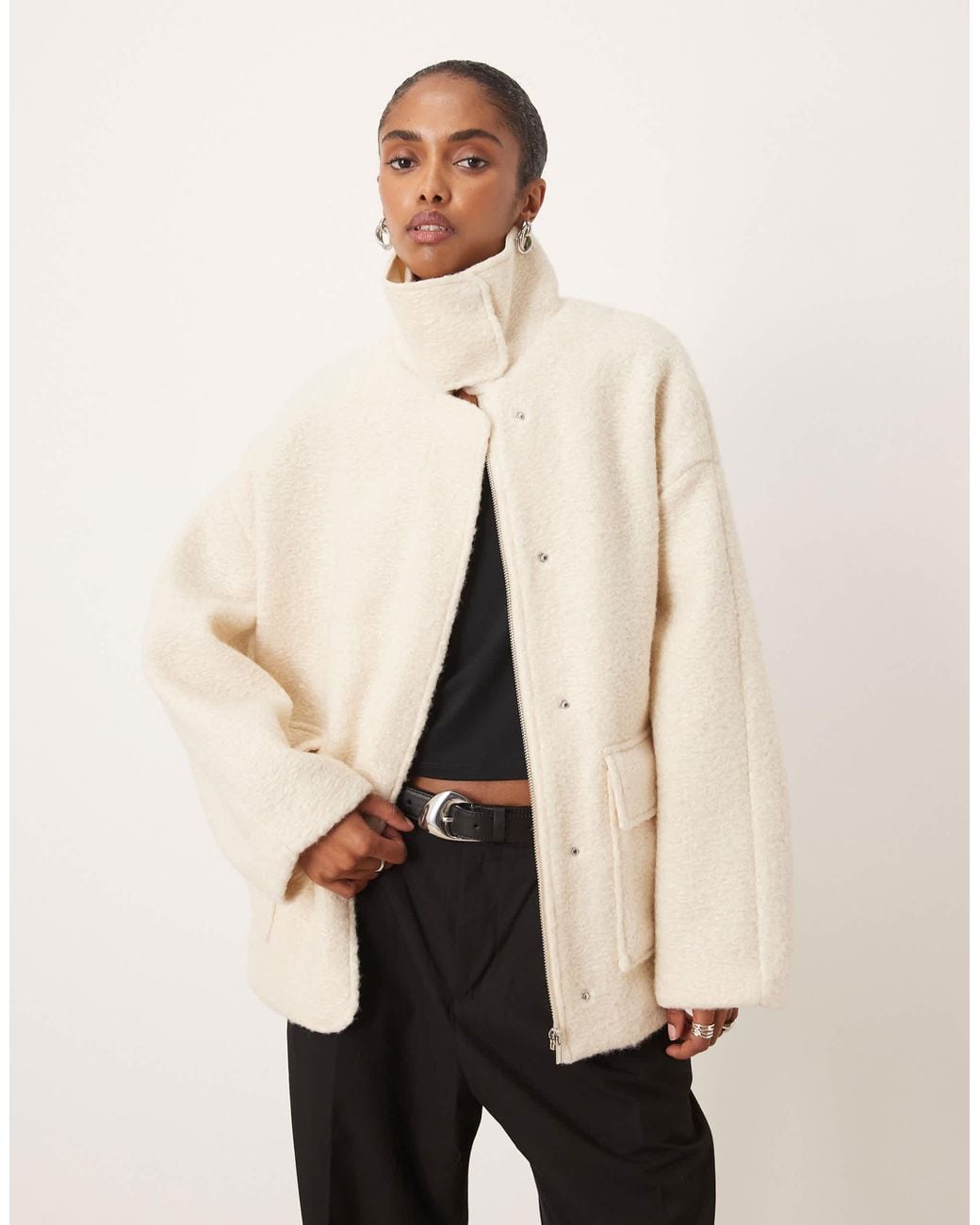 Mango High Neck Textured Utility Jacket in Natural | Lyst