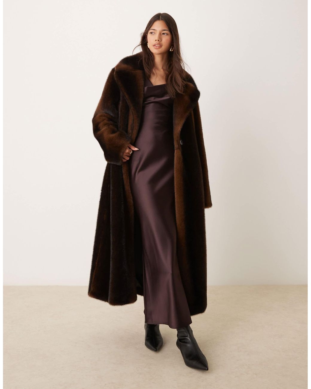 ASOS Longline Vintage Look Faux Fur Coat in Brown | Lyst