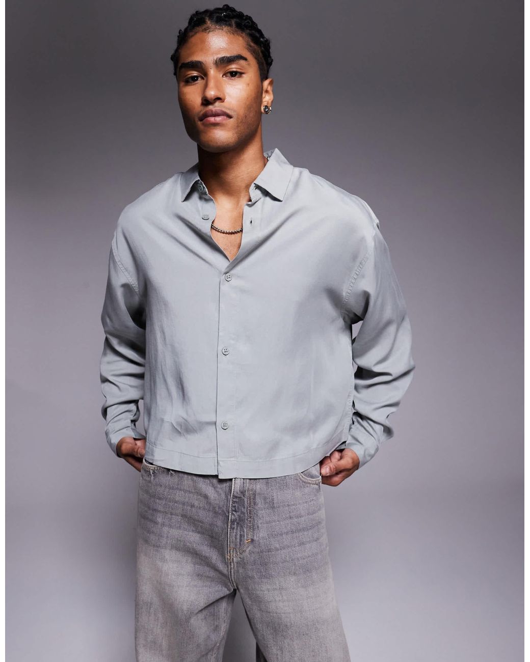 ASOS Premium Oversized Cropped Shirt in Gray for Men | Lyst