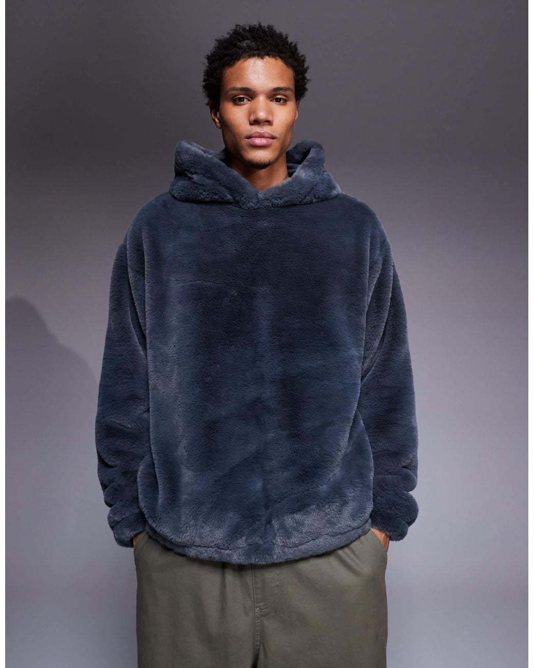 ASOS Relaxed Faux-fur Hoodie With Side Entry Pockets in Blue for Men | Lyst