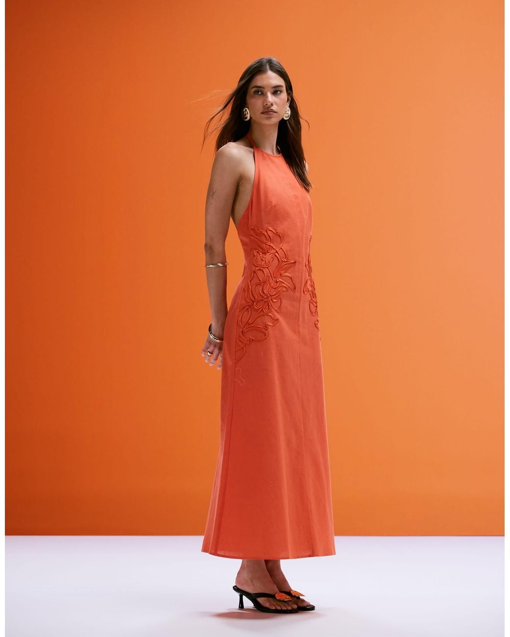 ASOS Low Back Halter Midi Dress With Waist Embroidery in Orange | Lyst