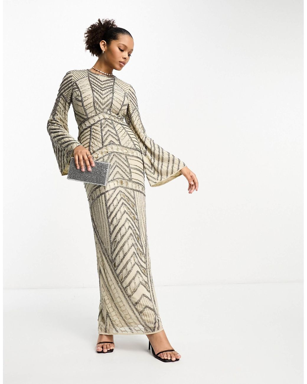 ASOS Modest Long Sleeve Chevron Embellished Maxi Dress in White | Lyst