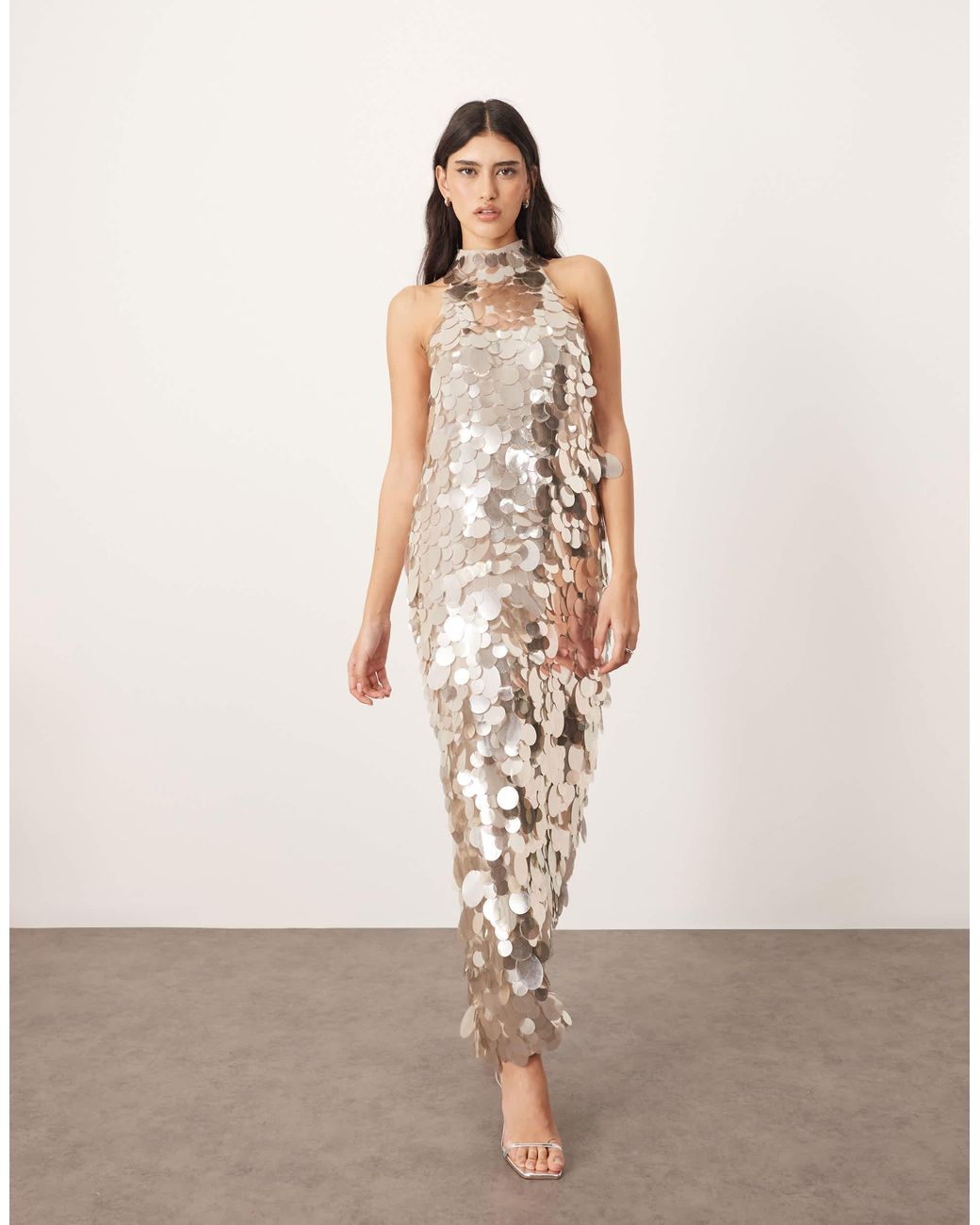 ARRANGE Embellished Disc Sequin High Neck Column Maxi Dress in Natural ...