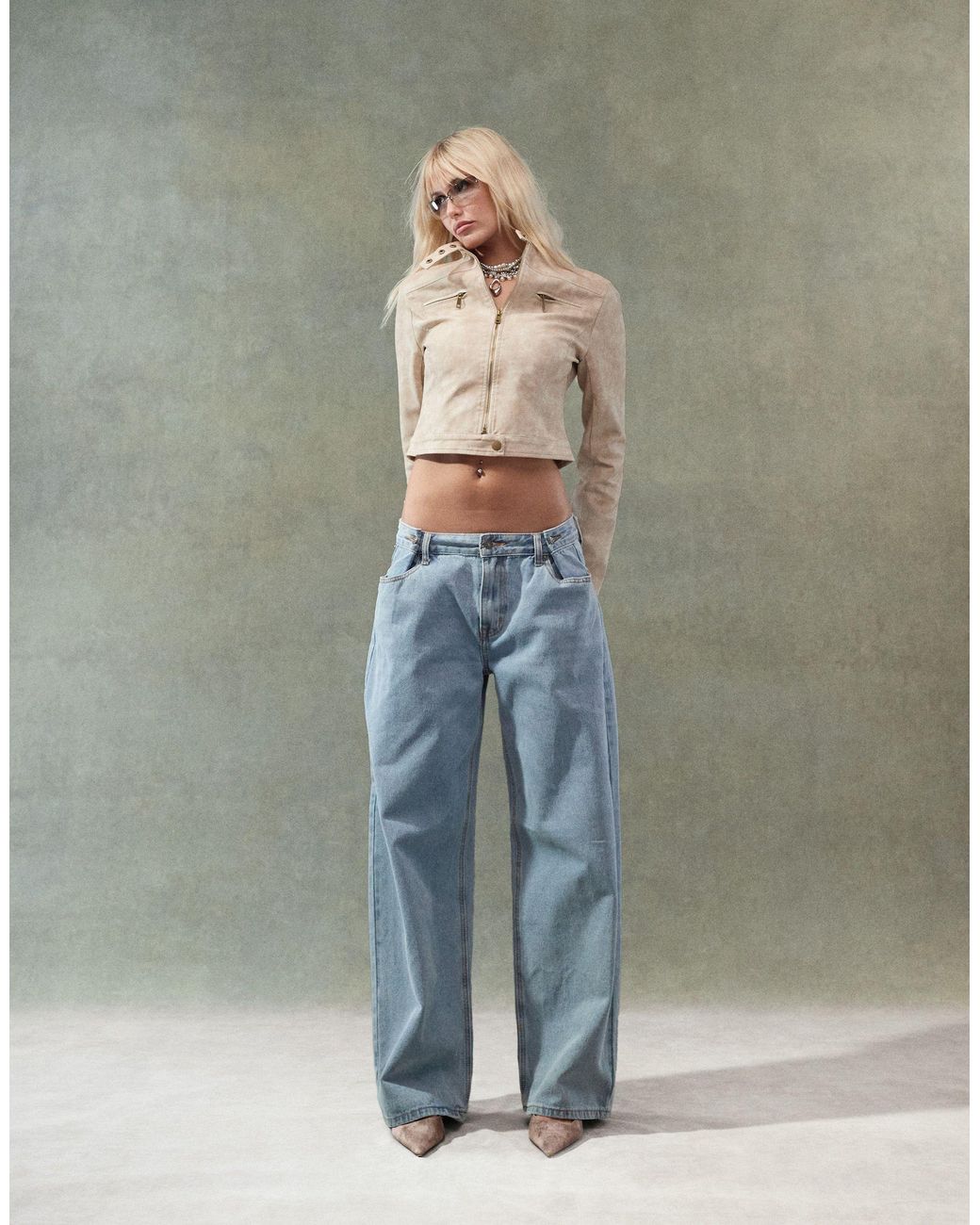 Lioness Low Rise Adjustable Waist Wide Leg Jeans in Green | Lyst