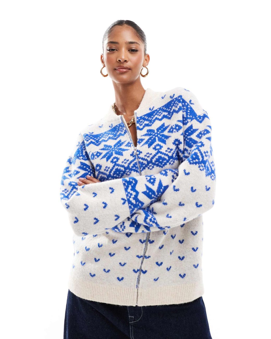 ASOS Knitted Collar Zip Through Cardigan With Fairisle Pattern in Blue ...