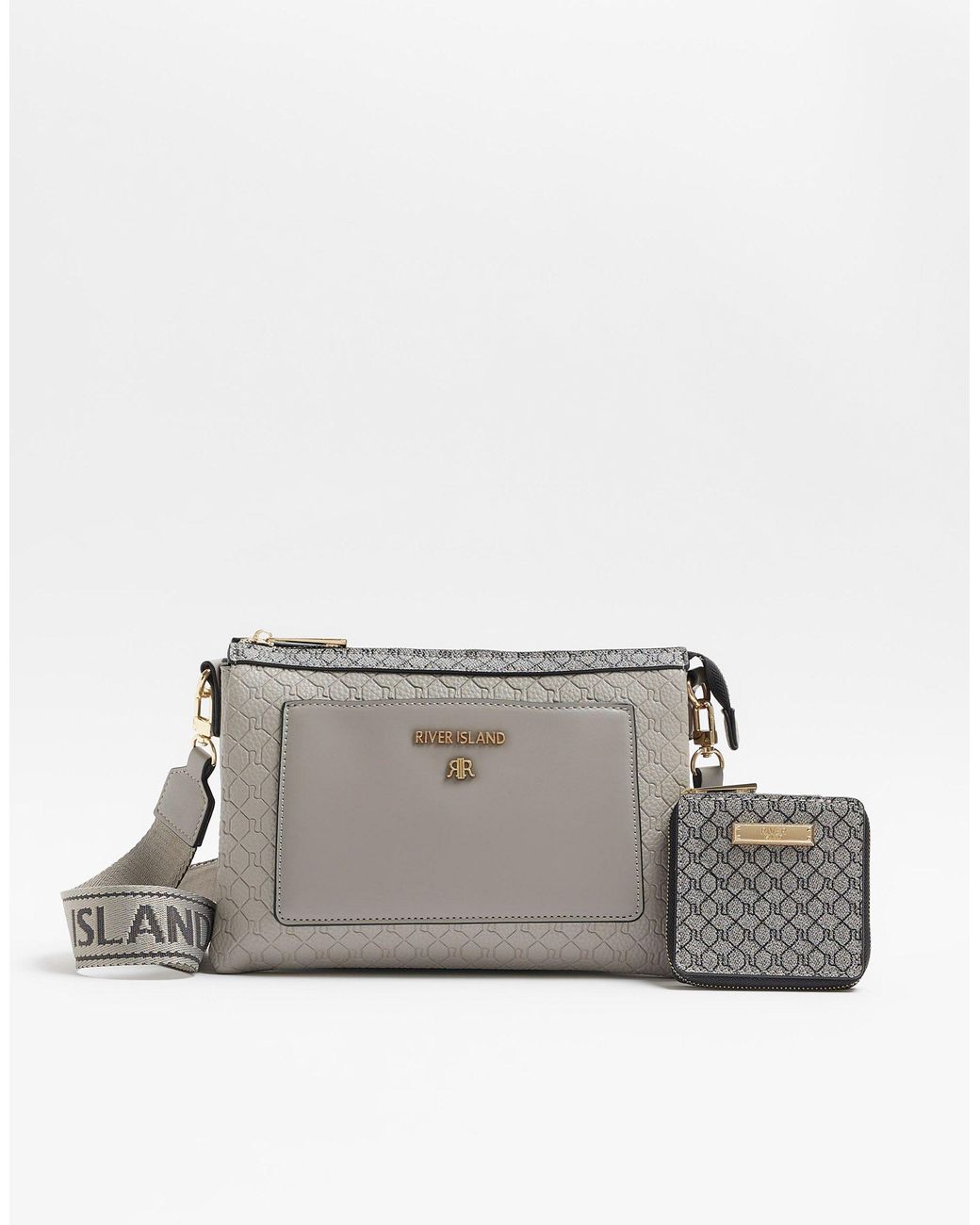 River Island Grey Embossed Ri Cross Body Bag in Gray | Lyst