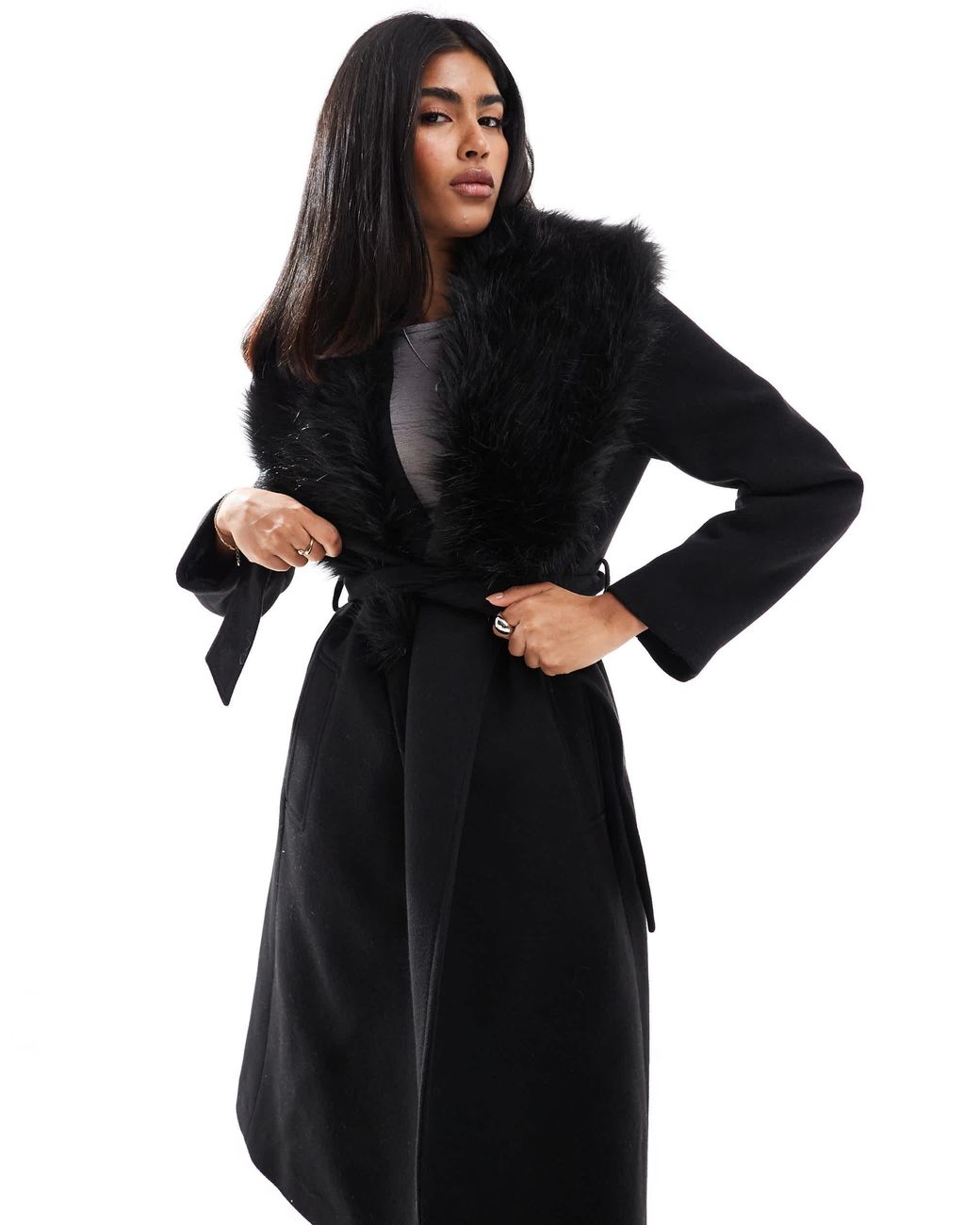 Stradivarius Longline Coat With Fur Collar Detail in Black | Lyst