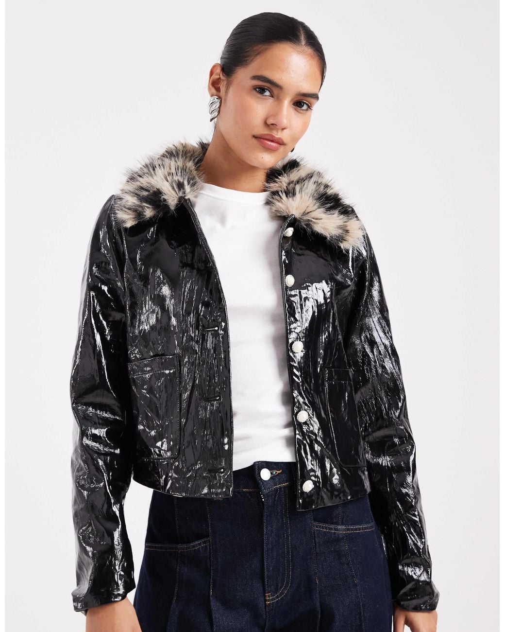 Sister Jane Crinkle Pu Jacket With Leopard Faux Fur Collar in Black | Lyst
