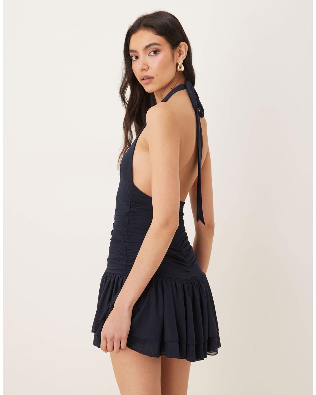Nia Vermont Halter Neck Ruffle Edged Mini Dress in Blue | Lyst