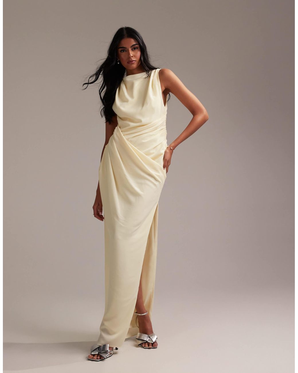 ASOS Bridesmaids Draped Overlay Crepe Maxi Dress in Natural | Lyst