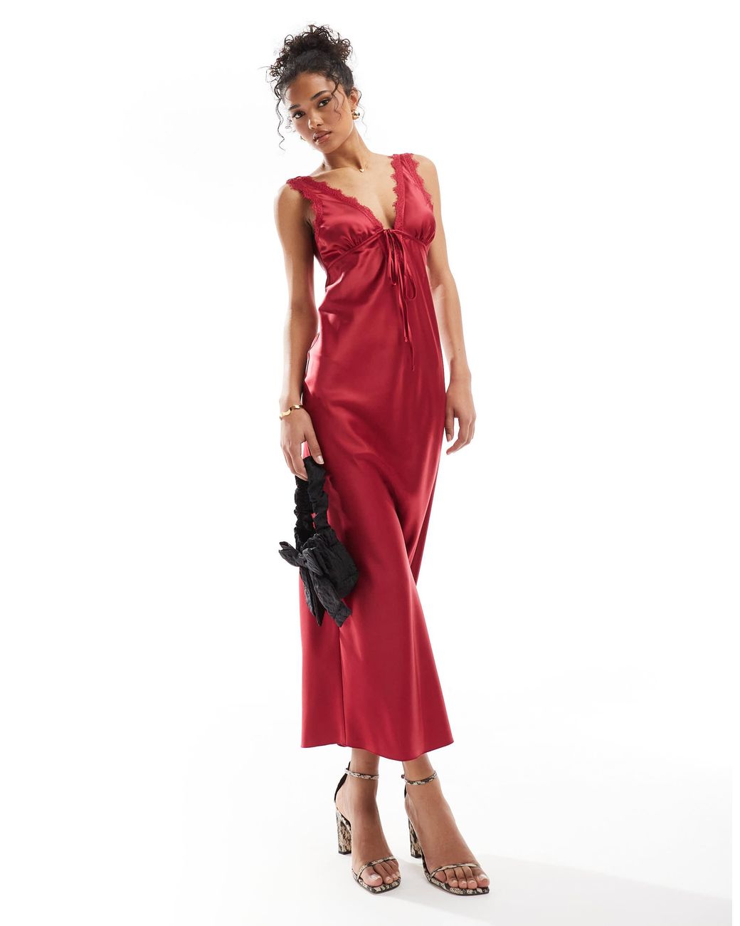 Miss Selfridge Satin Lace Trim Maxi Dress in Red | Lyst