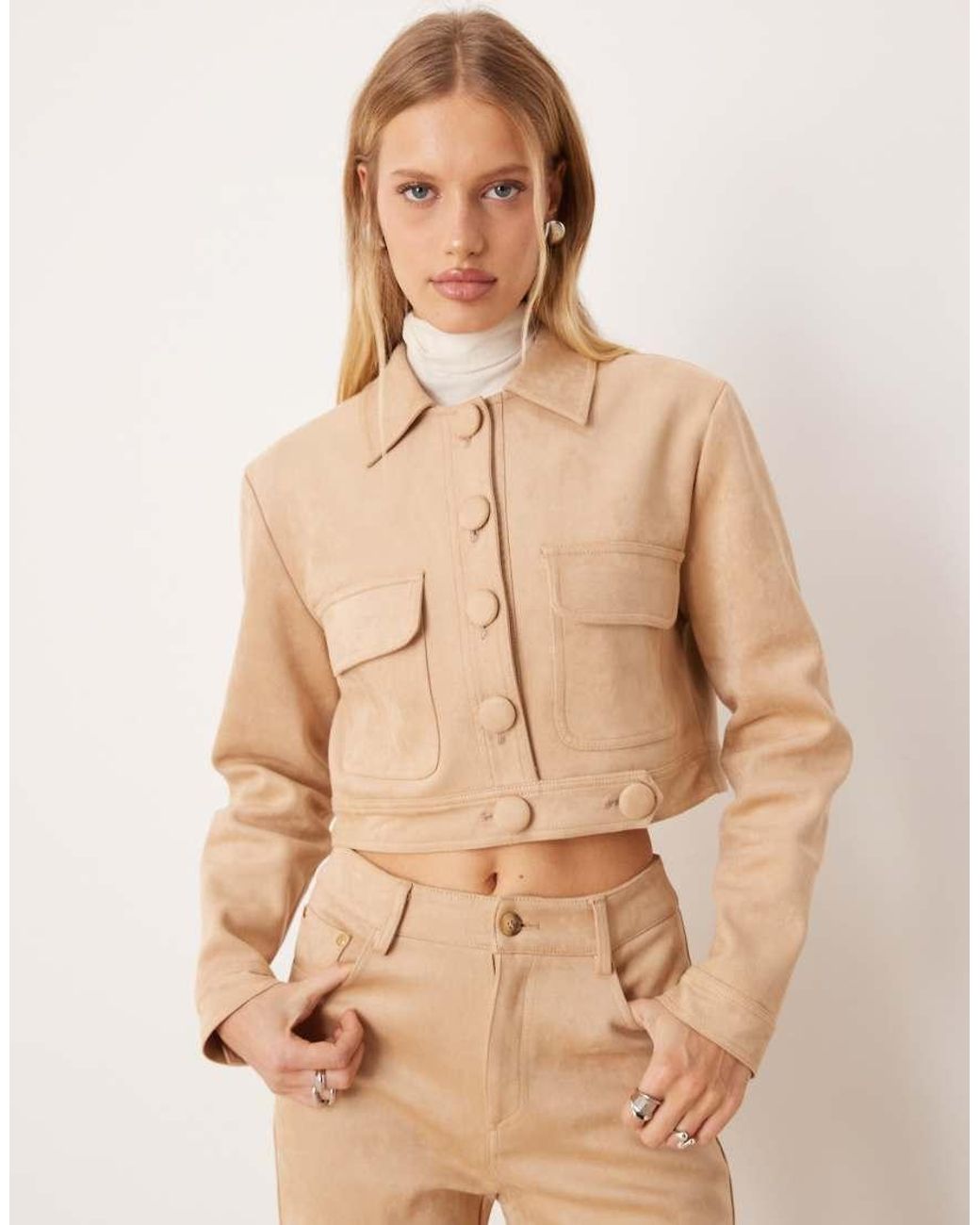 Soho Wardrobe Cropped Faux Suede Jacket in Natural | Lyst UK
