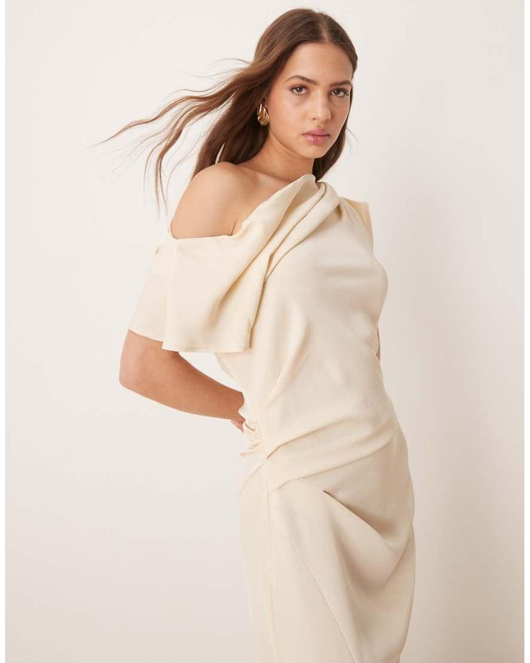 ASOS Fallen Shoulder Strap Detail Drape Midi Dress in Natural | Lyst UK