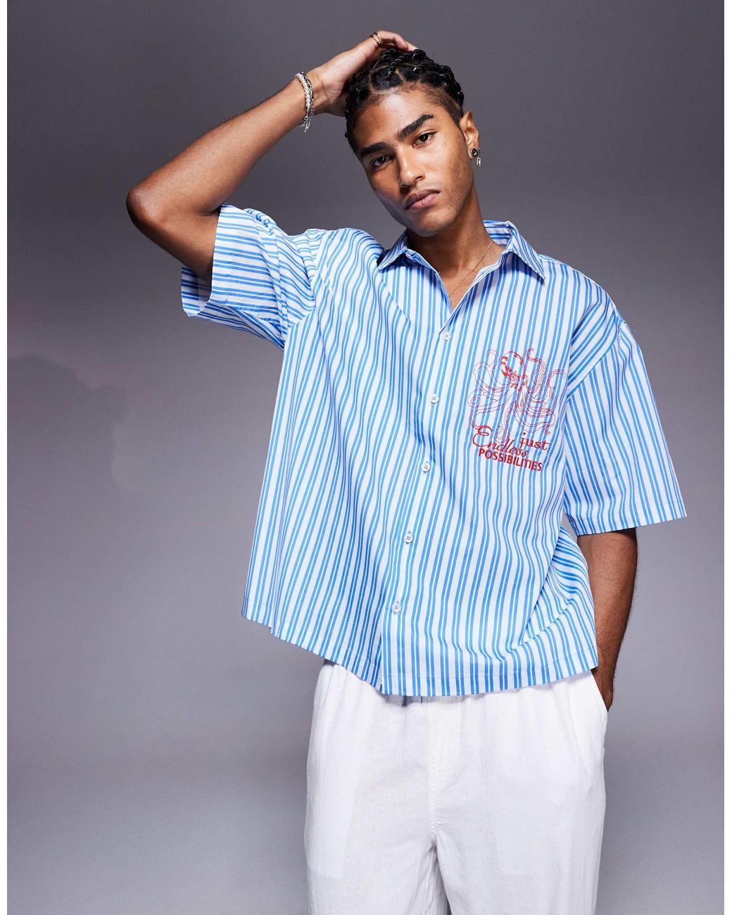 ASOS Boxy Oversized Stripe Shirt With Chest Embroidery in Blue for Men ...