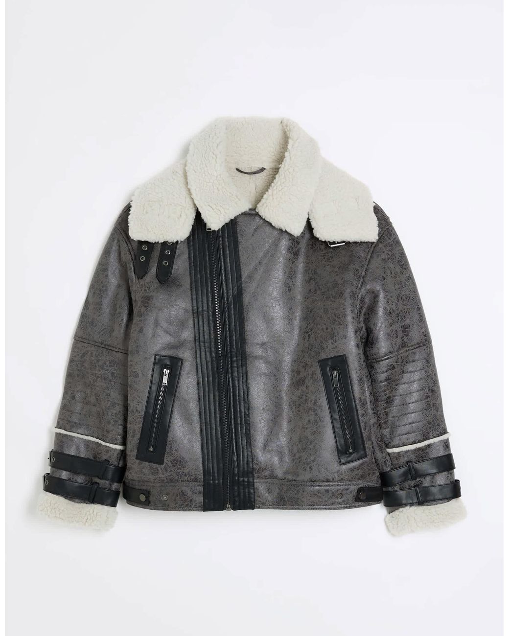 River Island Crackle Faux Shearling Aviator Jacket in Gray River Island Crackle Faux Shearling Aviator Jacket in Gray