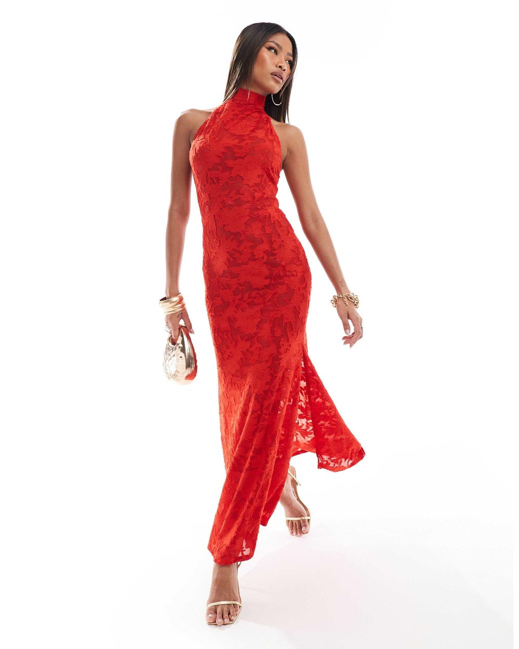 ASOS Sheer Burnout Halterneck Maxi Dress With Low Back in Red | Lyst