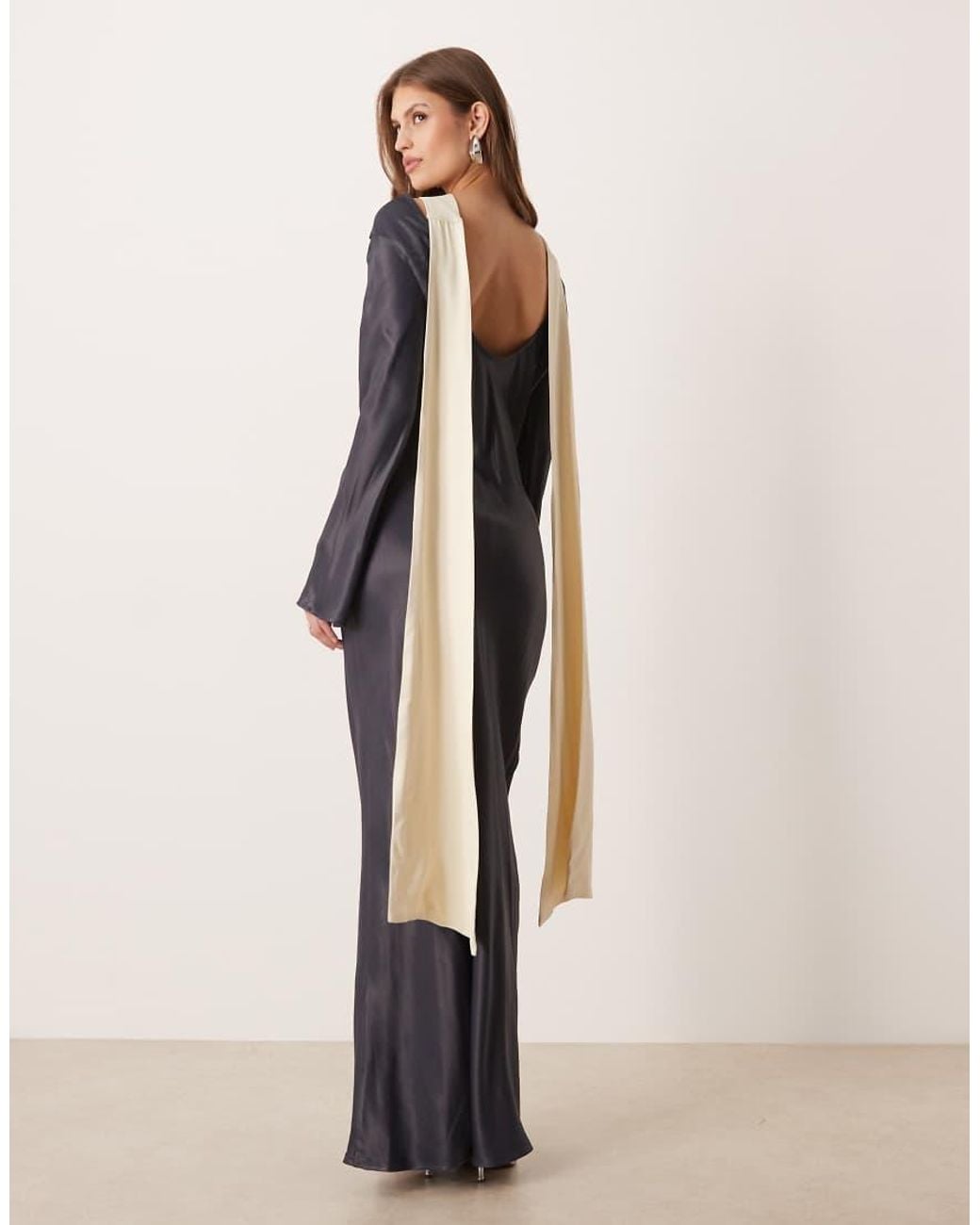 ASOS Long Sleeve Satin Maxi Dress With Scarf in Blue | Lyst UK