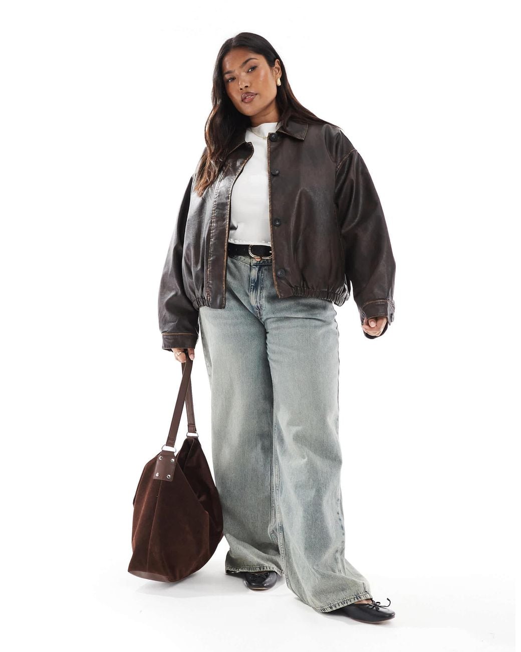 ASOS Asos Design Curve Vintage Wash Leather Look Bomber Jacket in Black ...