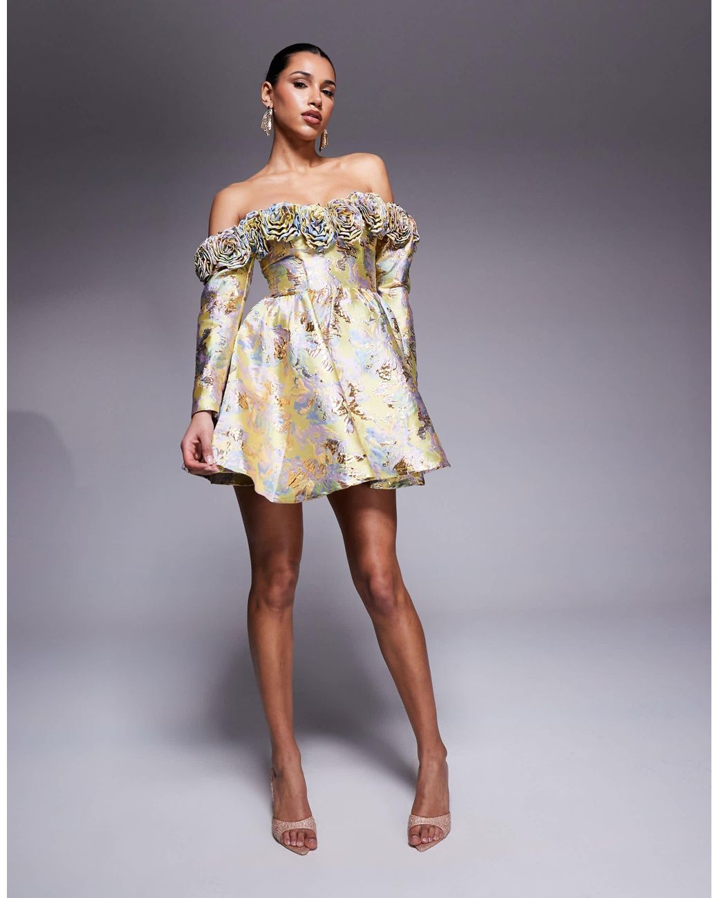 ASOS Jacquard Off Shoulder 3d Floral Skater Mini Dress in Metallic | Lyst