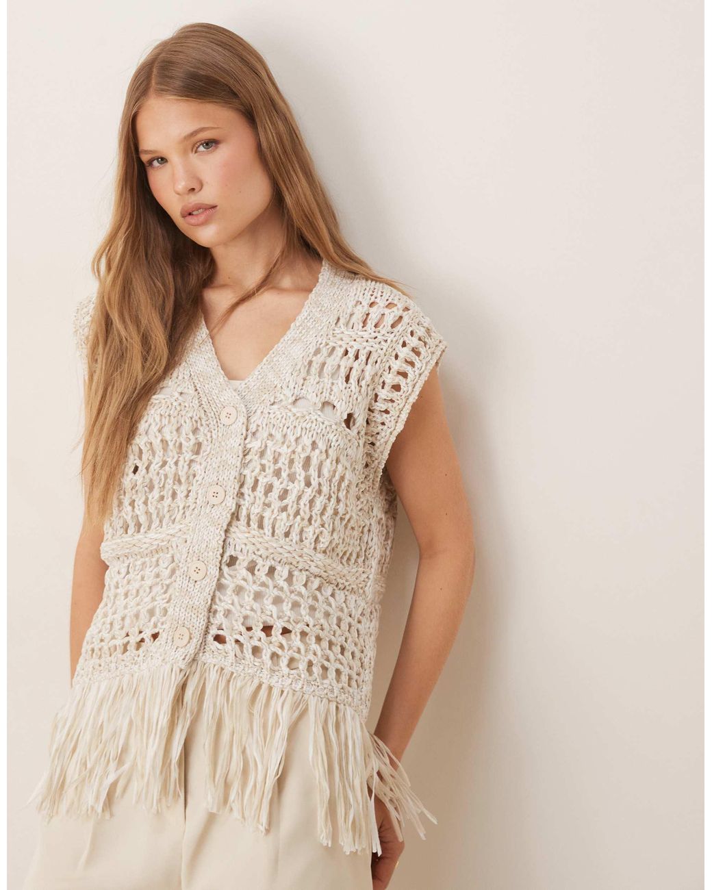 ASOS Knitted Stitch Mix Crochet Fringed Multiply Button Front Tank in ...