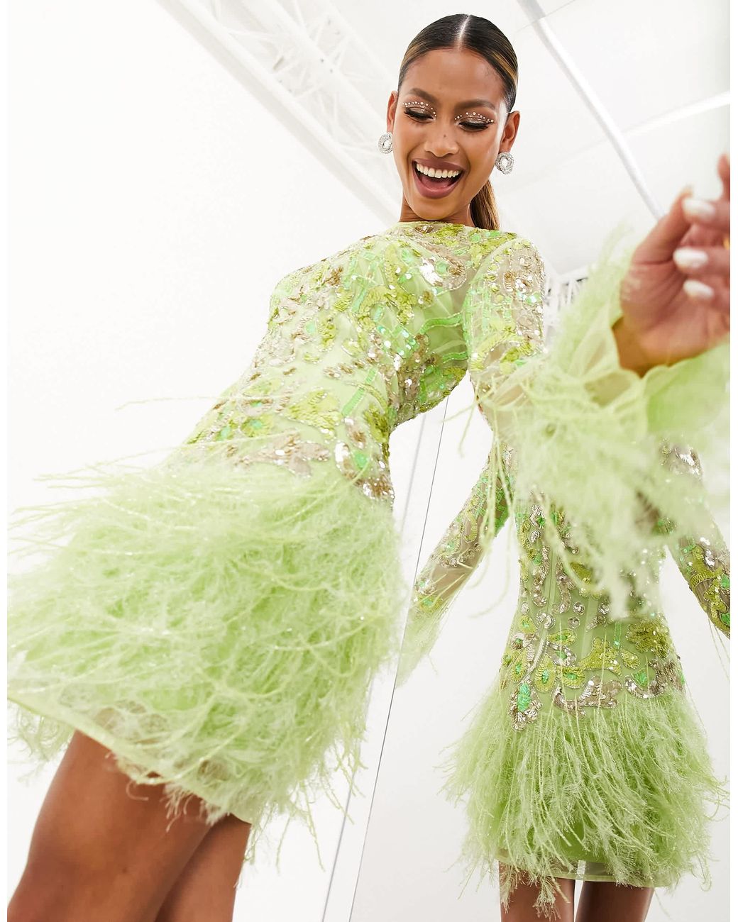 ASOS Embellished Sequin And Fringe Mini Dress With Faux Feather Hem in Green | Lyst
