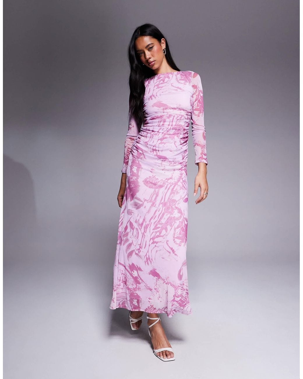 ASOS Mesh Long Sleeve Ruched Maxi Dress in Purple | Lyst