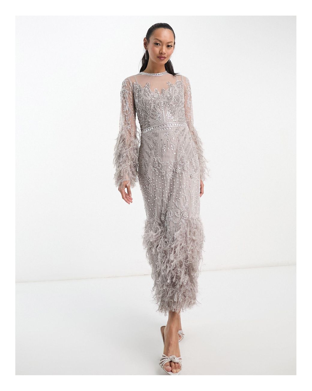 ASOS Pearl And Sequin Long Sleeve Midi Dress With Faux Feather Hem in Black | Lyst