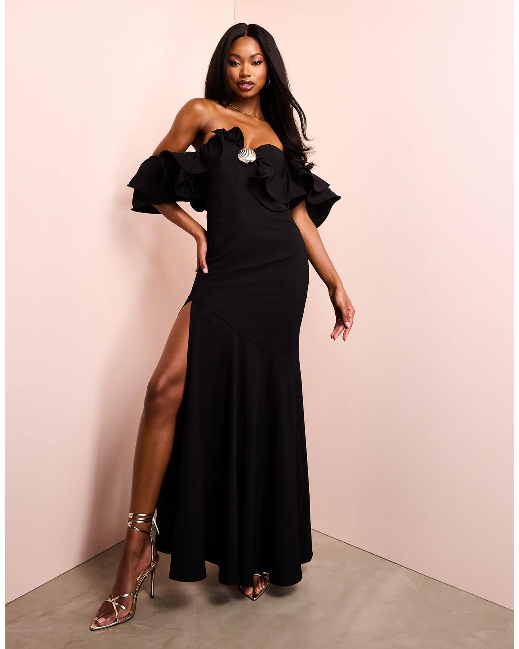 ASOS Ruffle Off Shoulder Maxi Dress With Shell Trim in Black | Lyst