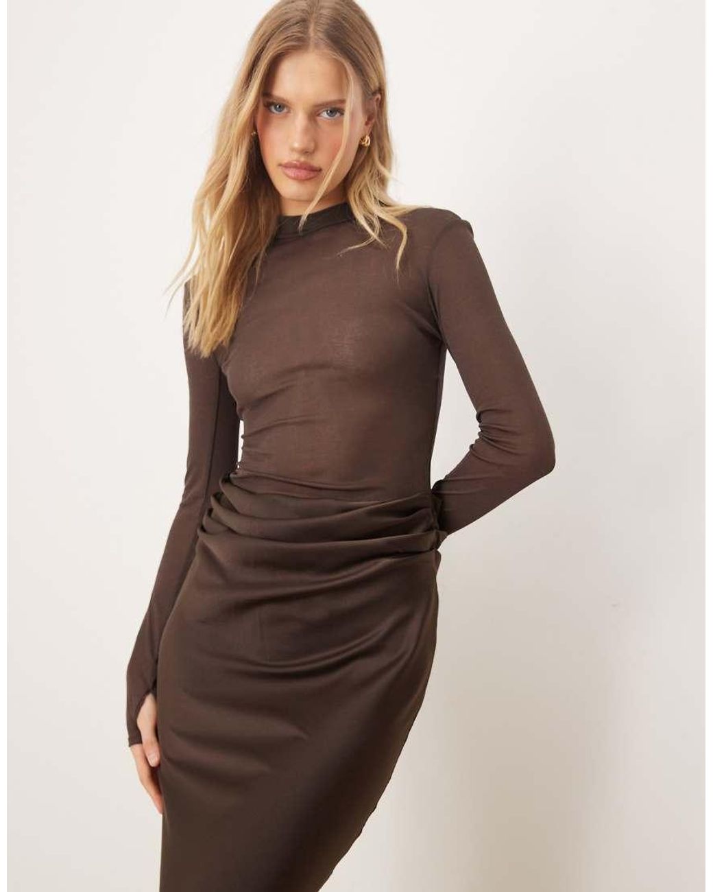 ASOS Sheer High Neck Bodice Drape Satin Maxi Dress in Natural | Lyst UK