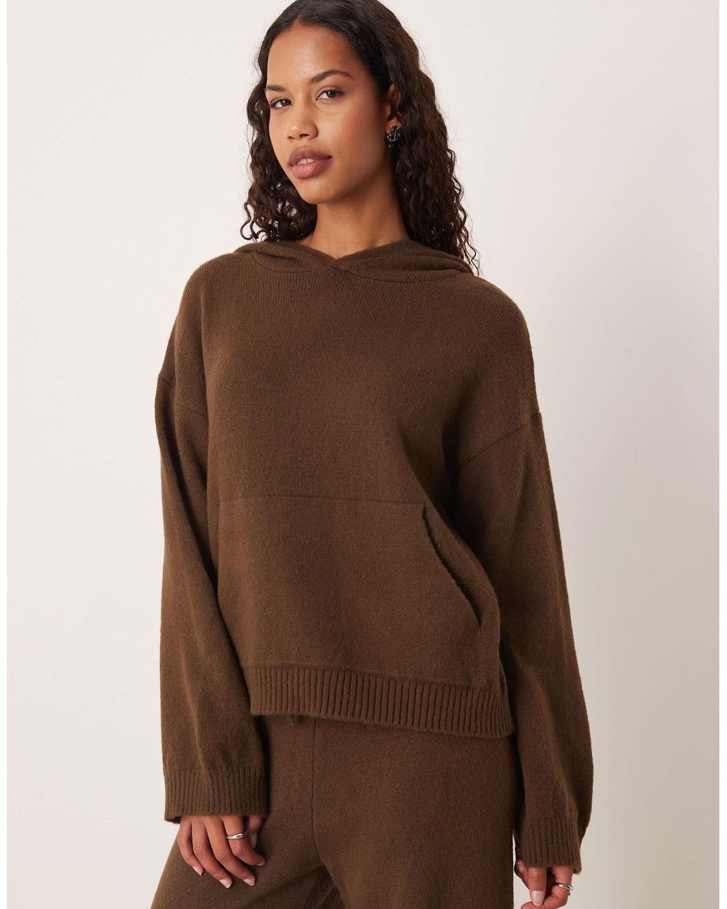 ASOS Fluffy Knitted Oversized Hoodie Co-ord in Brown | Lyst
