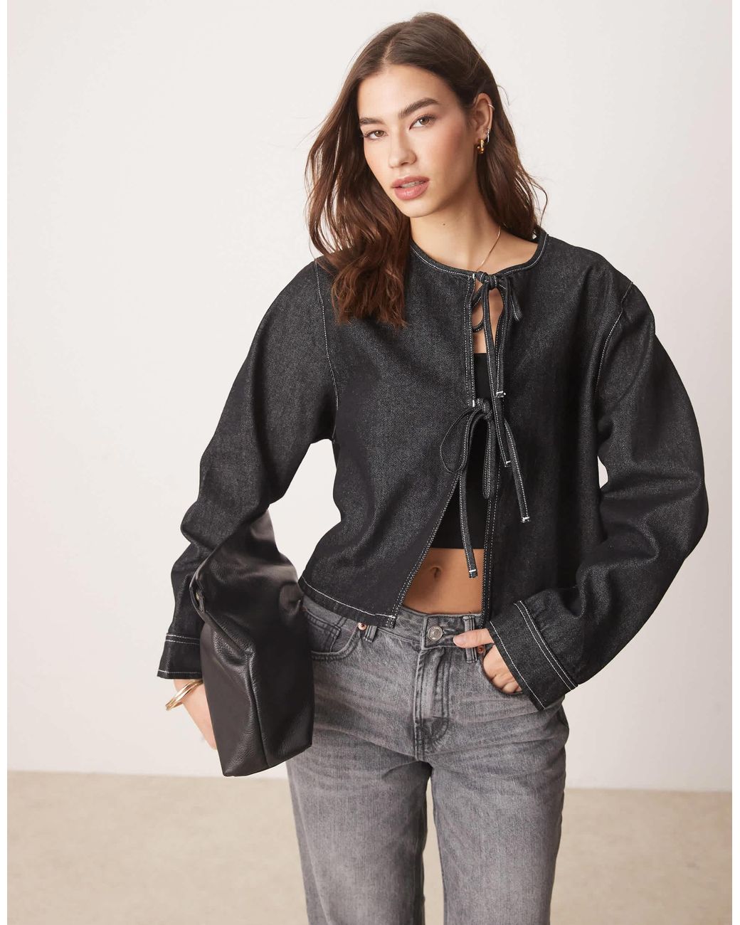 ASOS Tie Front Denim Top With Long Sleeve With Contrast Stitch in Black ...