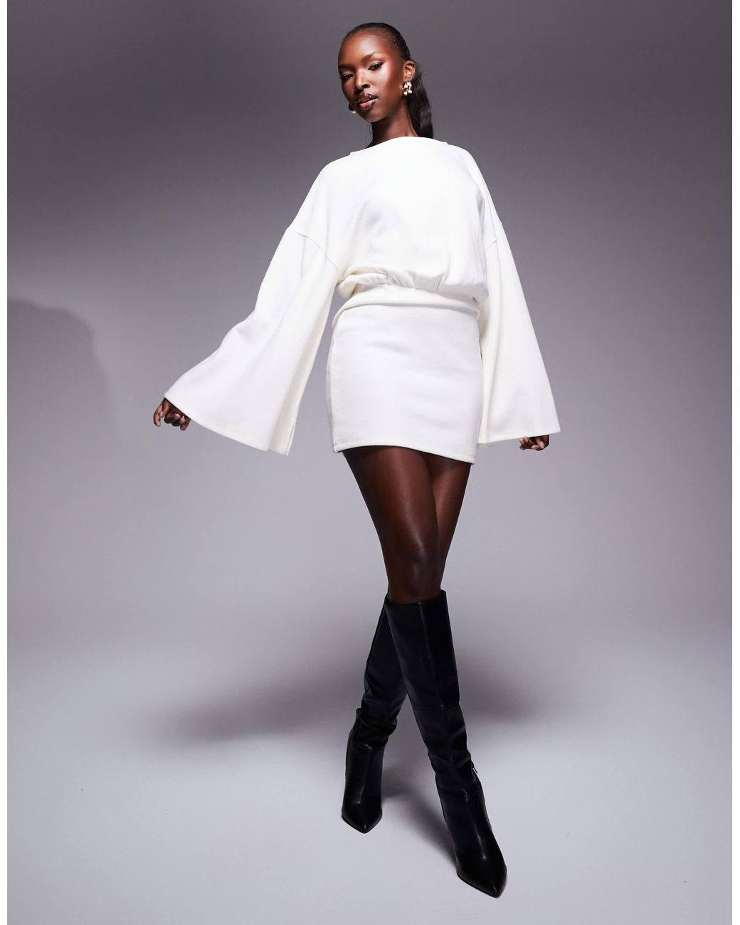 ASOS Supersoft Wide Long Sleeve Blouson Mini Dress in White | Lyst