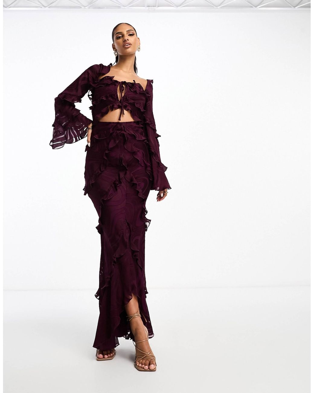 ASOS Milkmaid Ruffle Cut Out Satin Devore Maxi Dress With Flare Sleeve ...