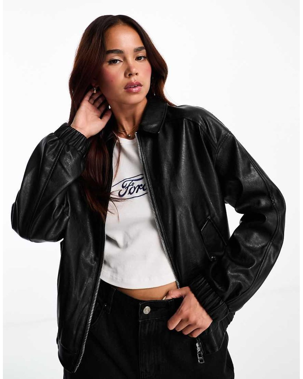 Bershka Faux Leather Dad Jacket in Black | Lyst UK