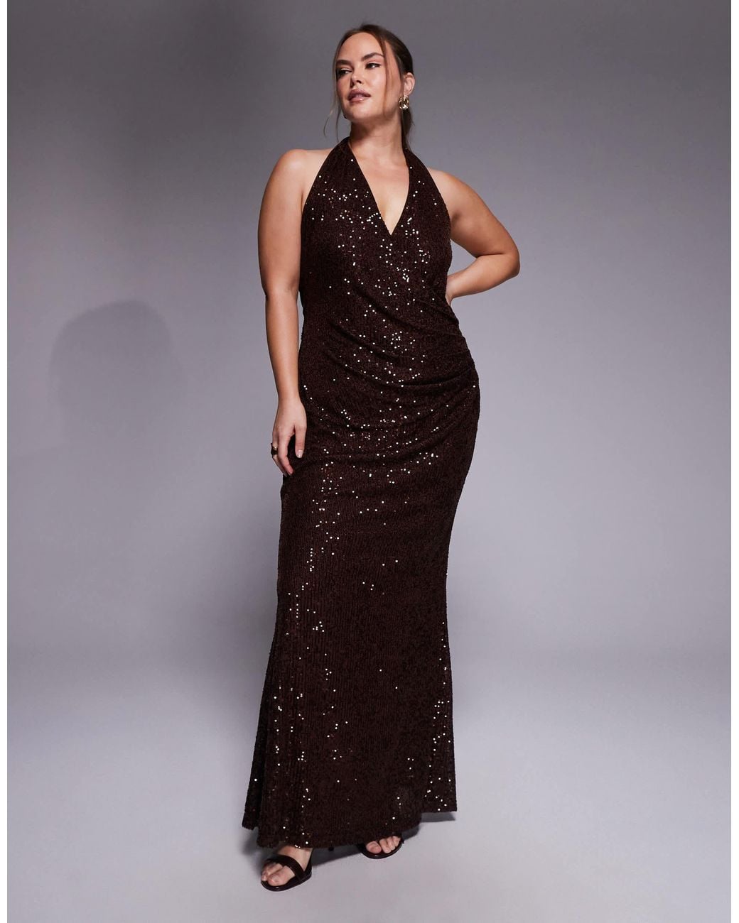 ASOS Asos Design Curve All Over Sequin Plunge Maxi Dress in Brown | Lyst