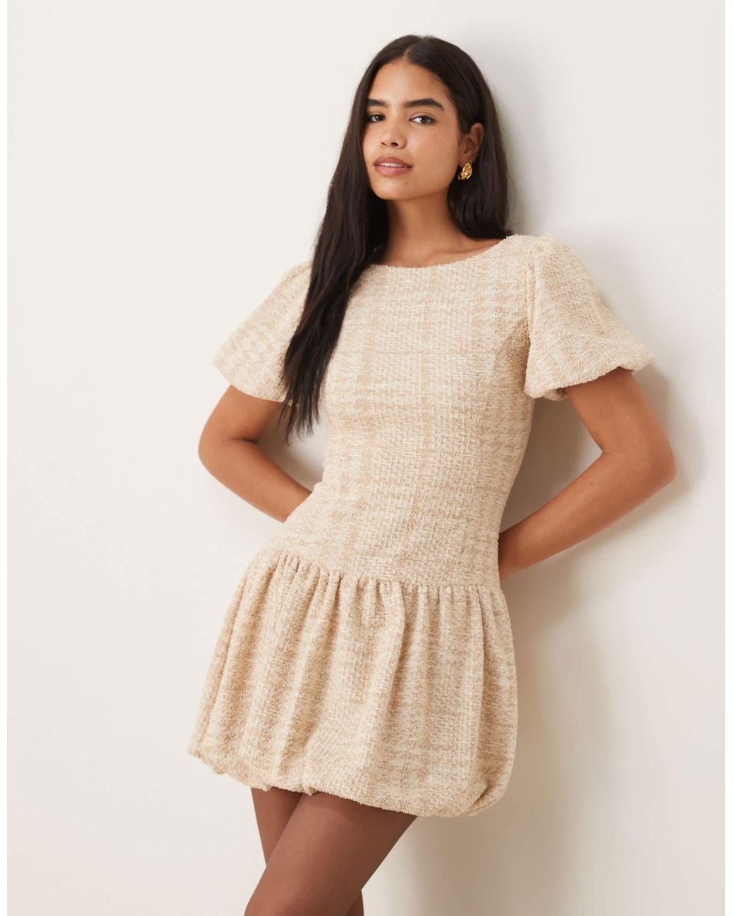 ASOS Boucle Puffball Mini Dress in Natural | Lyst