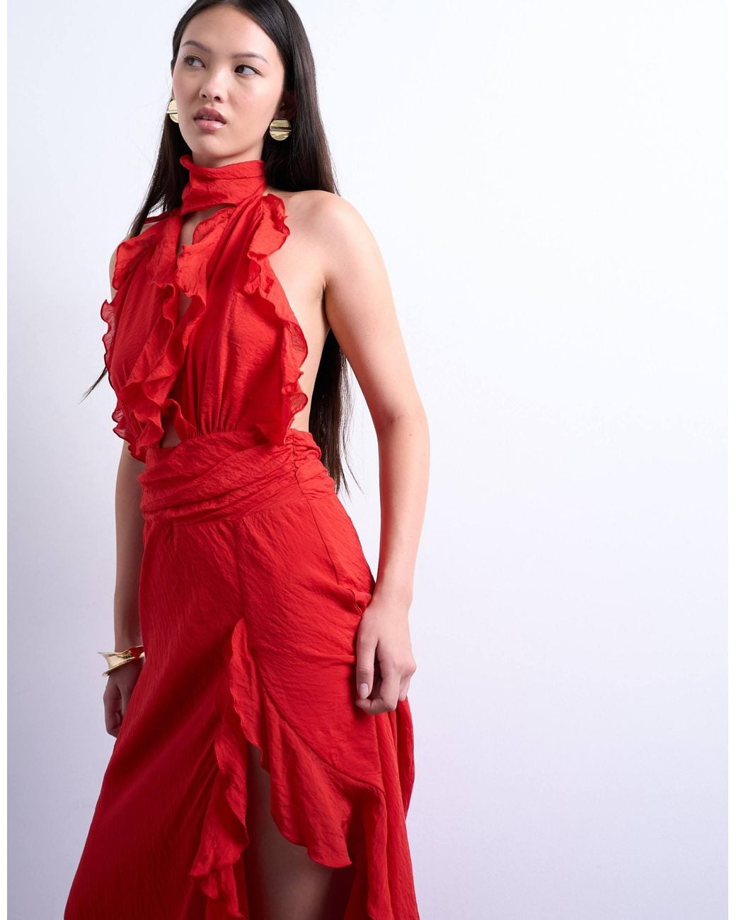 TOPSHOP Deep Plunge Ruffle Maxi Gown in Red | Lyst