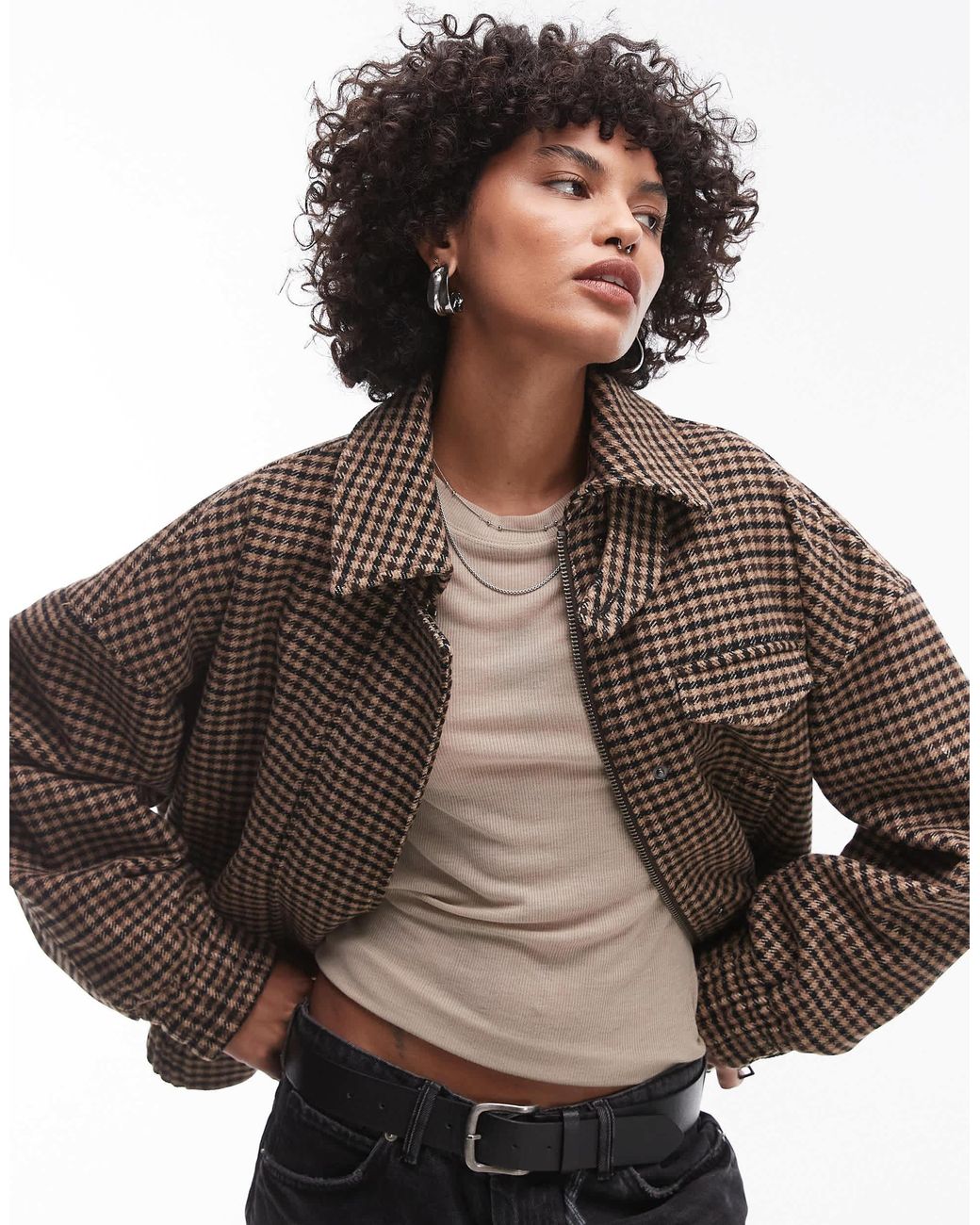 TOPSHOP Heritage Check Wool Blend Bomber Jacket With Tab Detail in ...