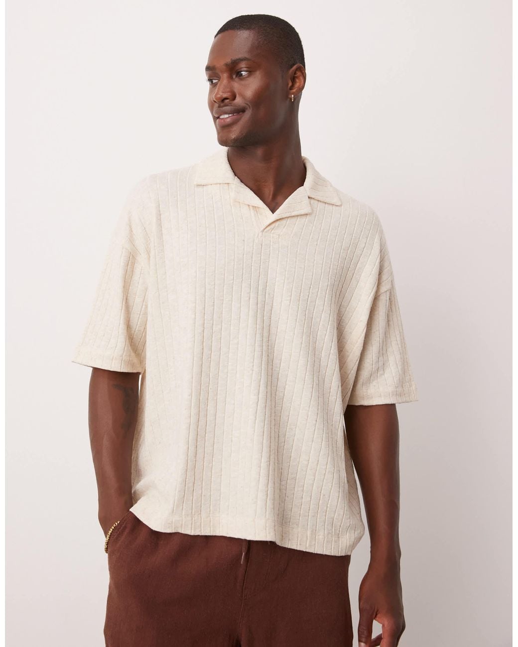 ASOS Oversized Boxy Linen Mix Rib Polo in Natural for Men | Lyst
