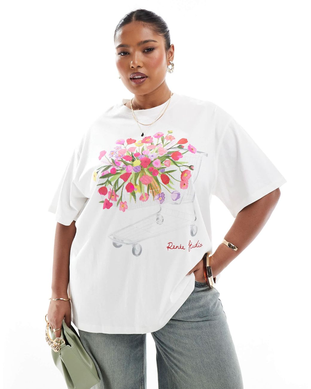 Renee Studio Plus Exclusive Crew Neck Trolley Flower Bouquet Graphic T ...