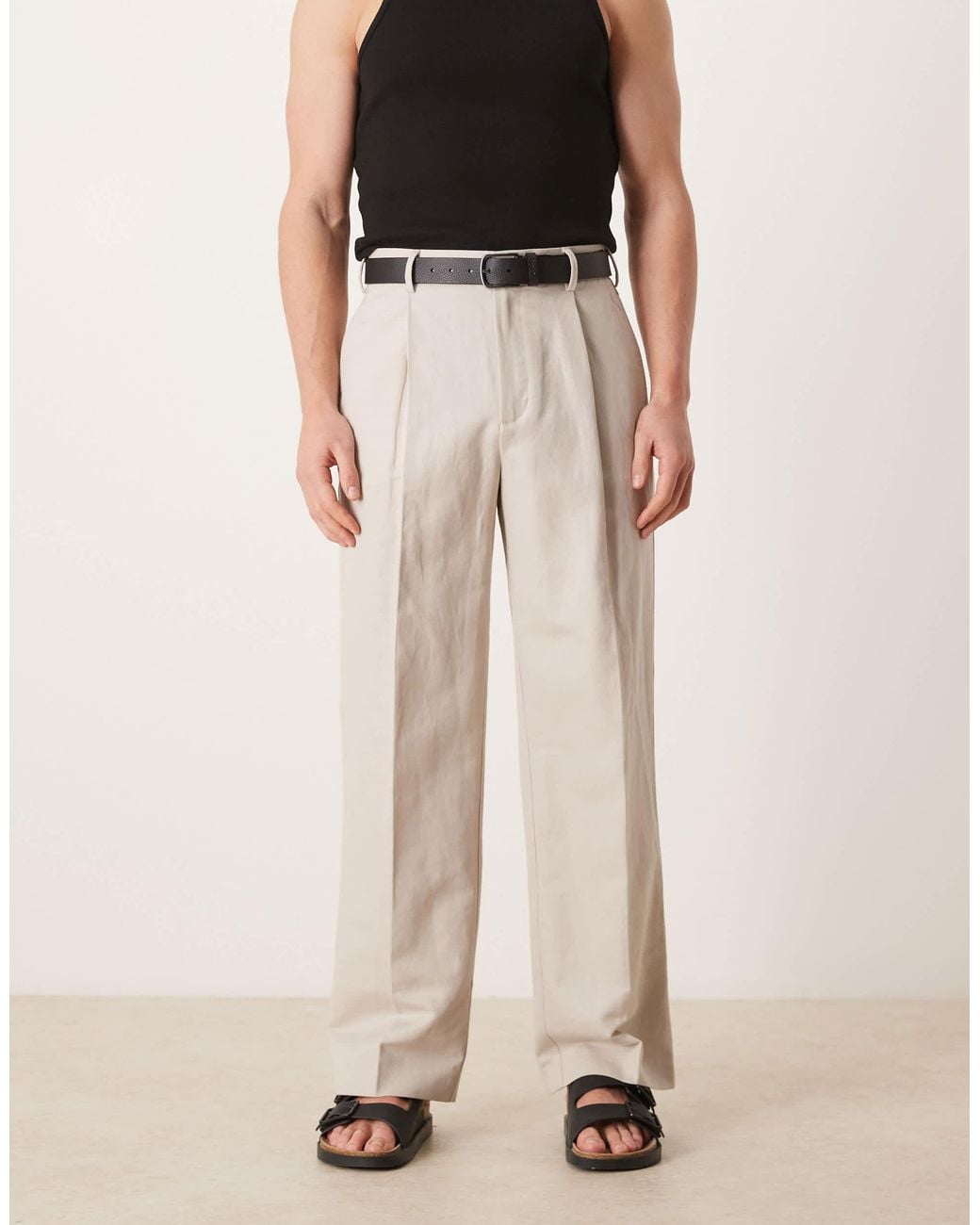 ASOS Smart Pleated Linen Rich Wide Leg Pants in Natural for Men | Lyst