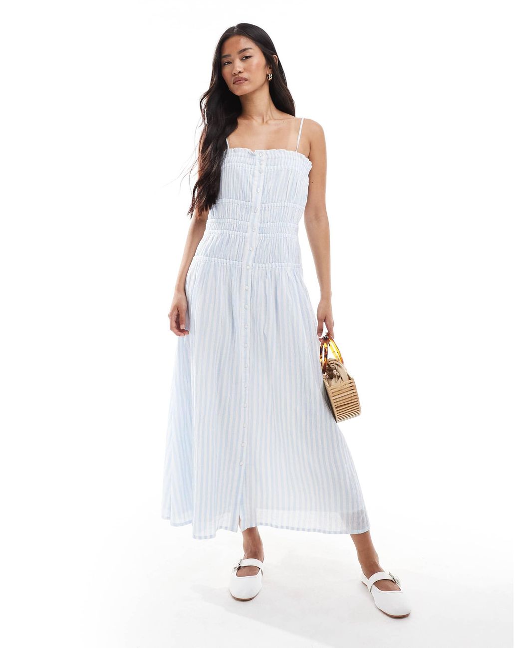 Miss Selfridge Poplin Shirred Body Button Up Maxi Dress in White | Lyst