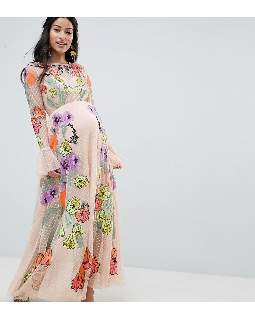 Asos Asos Edition Maternity Embroidered Floral Maxi Dress In Dobby Spot
