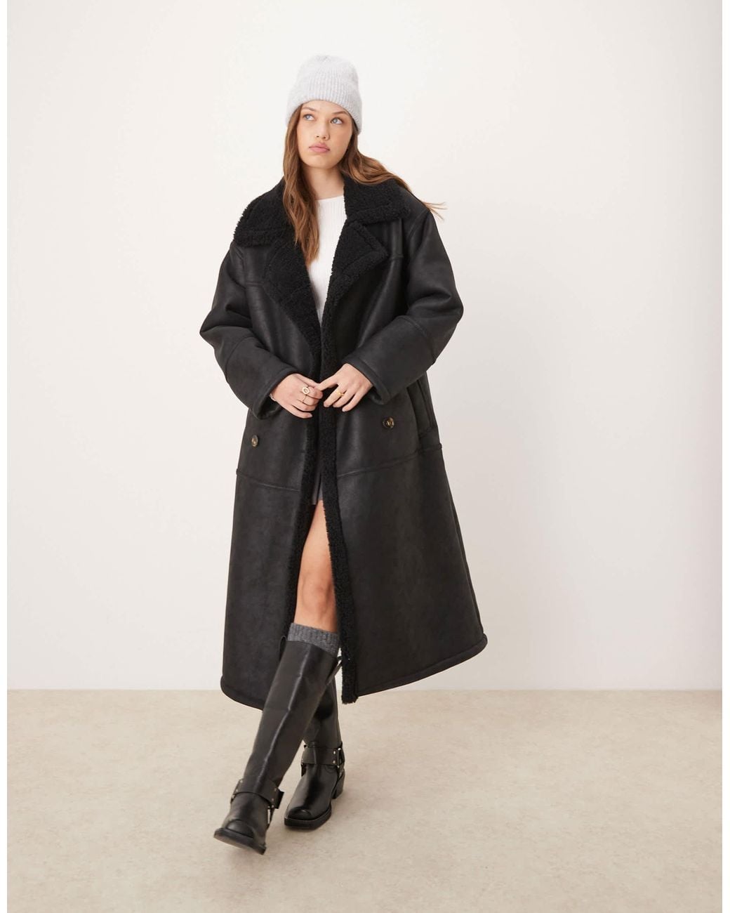 ASOS Longline Bonded Borg Trench Coat in Black | Lyst