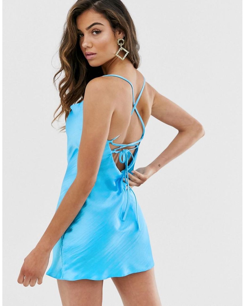 ASOS Cami Mini Slip Dress In High Shine Satin With Lace Up Back in Blue ...