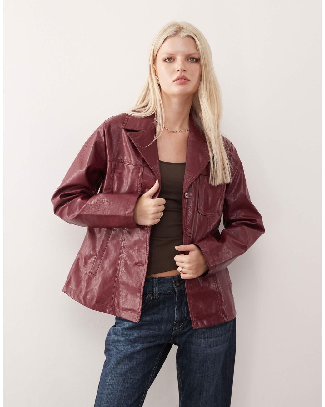 Reclaimed Vintage Washed Leather Look Slimmer Fit Blazer in Red | Lyst