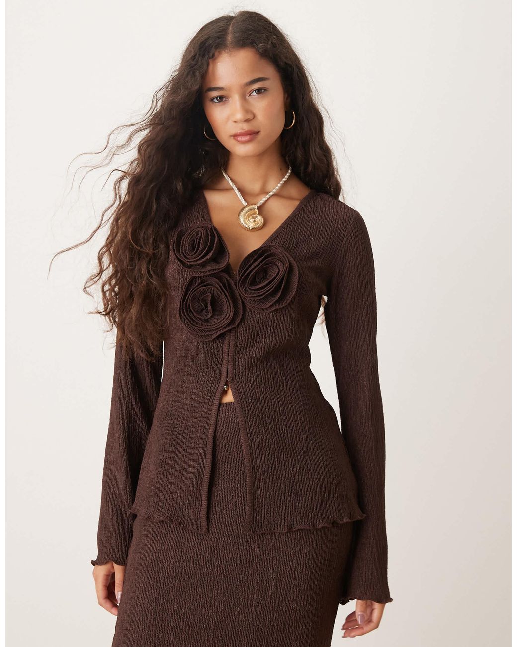 Pretty Lavish Evalina Crinkle Corsage Top Co-ord in Brown | Lyst