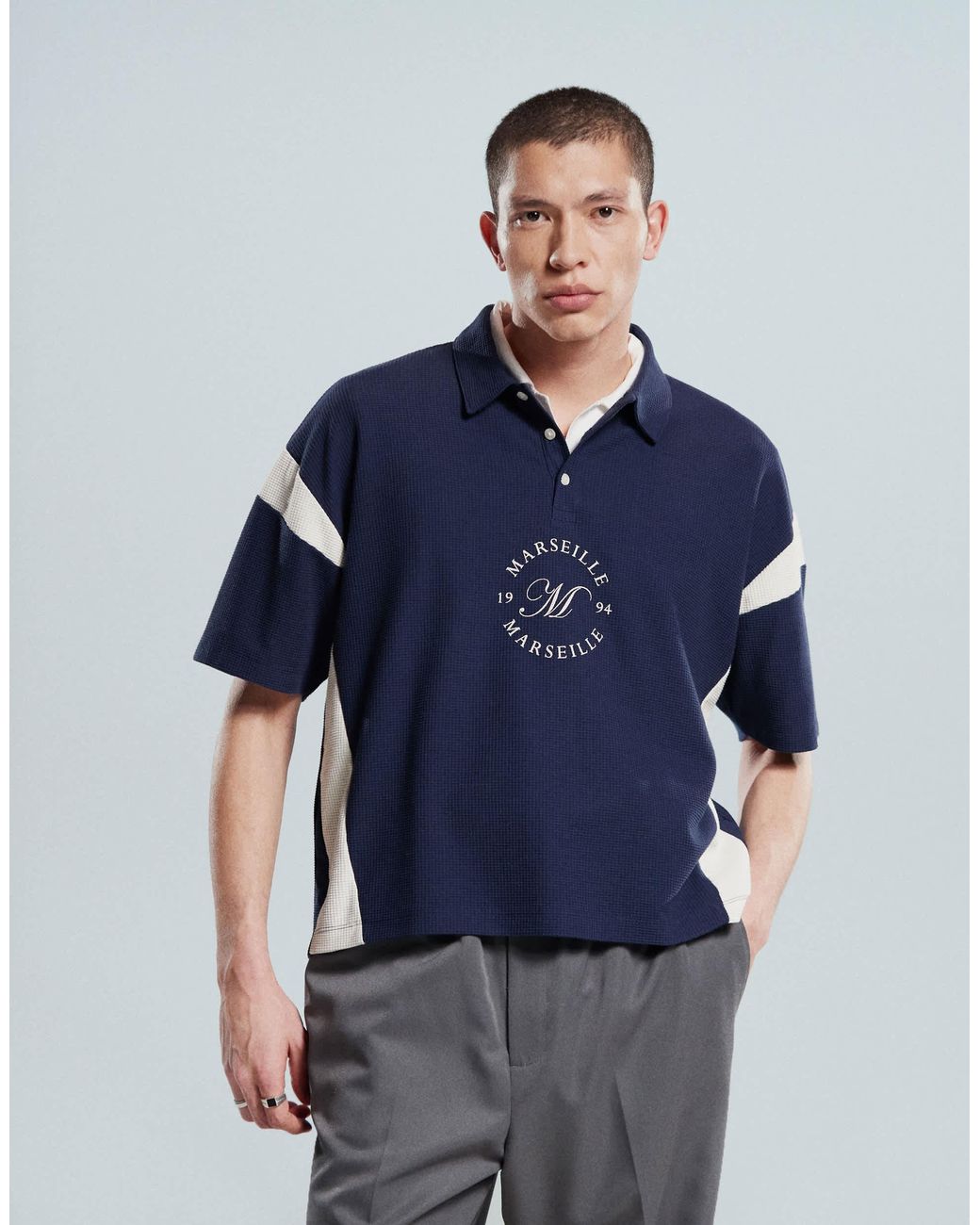 ASOS Boxy Heavyweight 230gsm Waffle Texture Oversized Polo With Panelling And Chest Print in ...