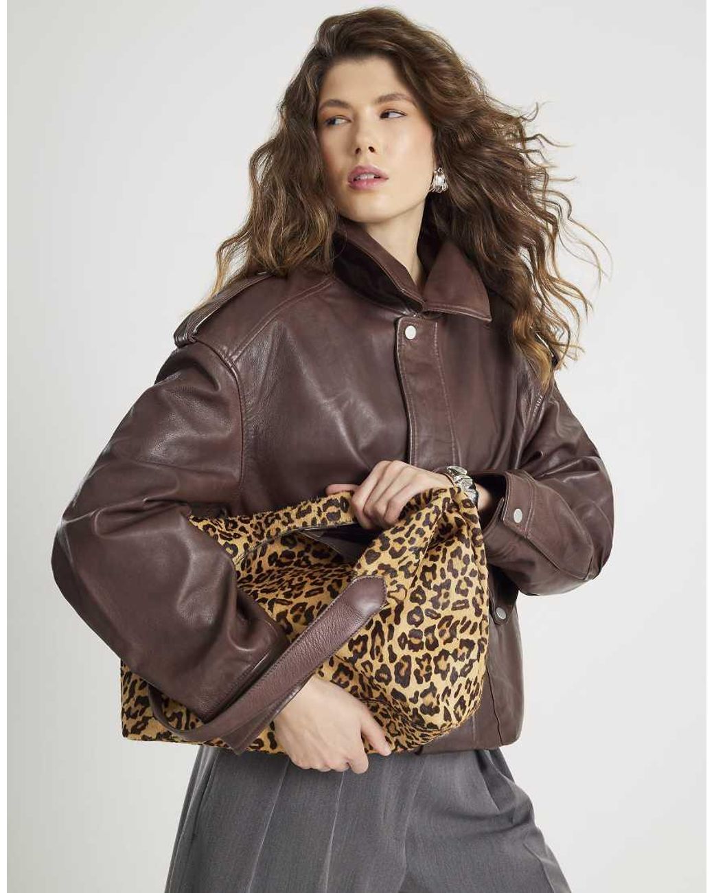 River Island Leather Leopard Print Shoulder Bag in Brown | Lyst UK