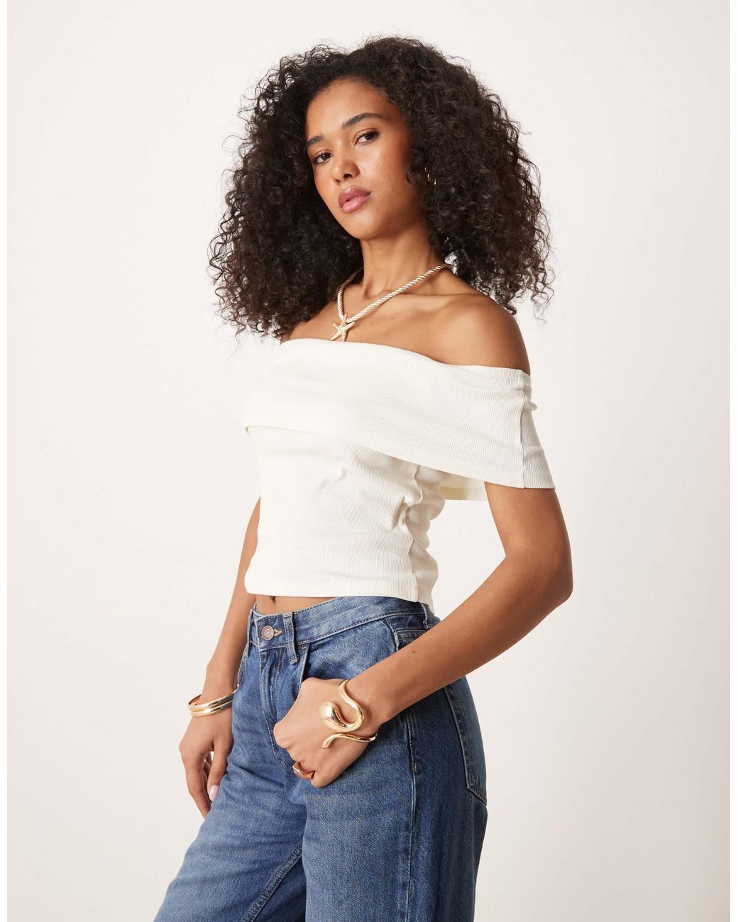 ASOS Fold Over Ribbed Bardot Top in White | Lyst